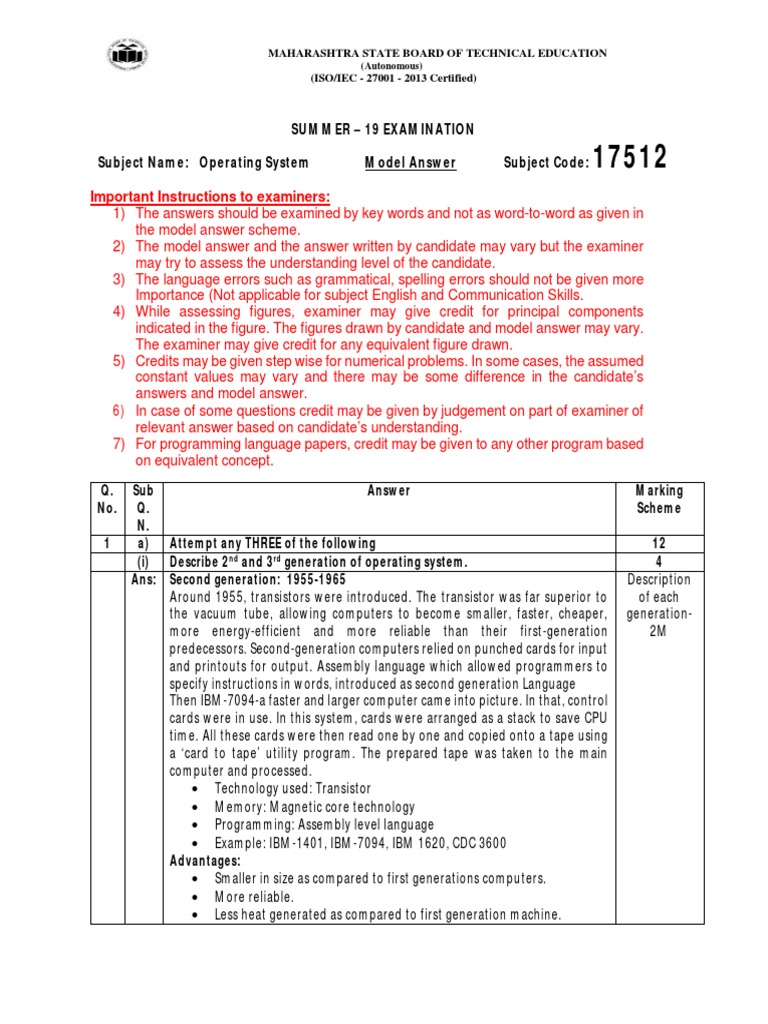 Summer - 19 Examination Subject Name: Operating System Model Answer Subject Code | PDF | Thread ...