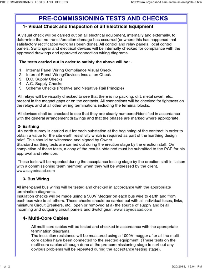 Pre-Commissioning Tests and Checks | PDF | Physical Quantities | Power ...