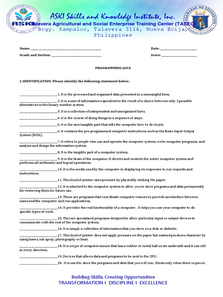 Java Programming Skills Assessment Pdf Computer Program Programming 6397