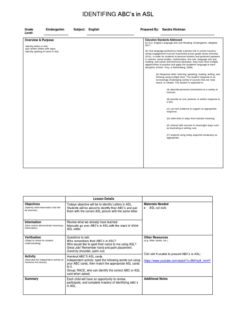 Asl Lesson Plan | Download Free PDF | American Sign Language | English ...