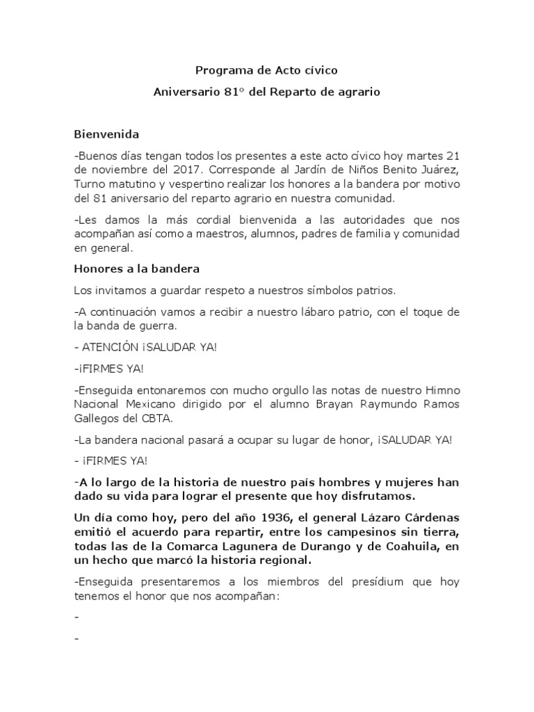 Programa de Acto Cívico 81 Aniversario Congregacion Hidalgo | Política | Agitación