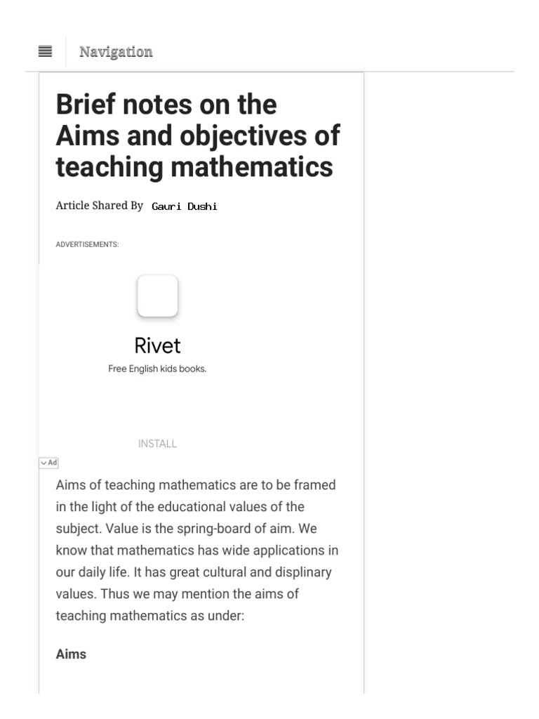 Brief Notes On The Aims and Objectives of Teaching Mathematics | PDF ...