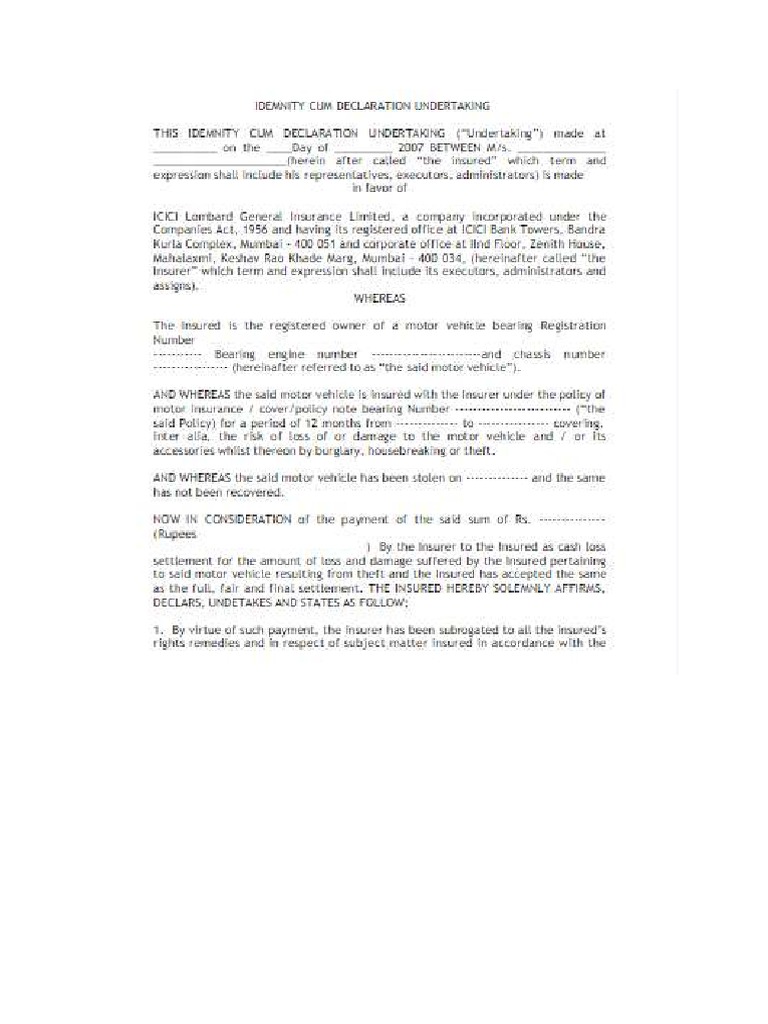 Icici Lombarnini Indemnity Cum Declaration Undertaking | PDF