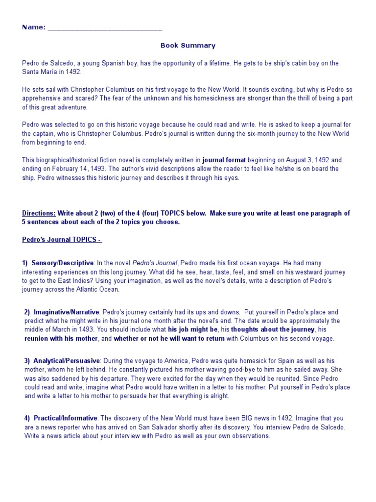 Pedro's Journal Writing Prompts | PDF | Voyages Of Christopher Columbus ...
