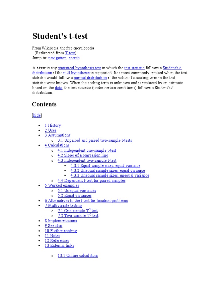 Student's T-Test: From Wikipedia, The Free Encyclopedia | Download Free ...