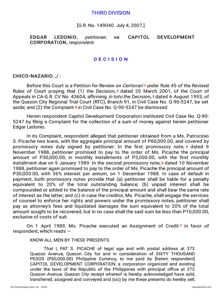 40 Ledonio v. Capitol Development | PDF | Assignment (Law) | Burden Of ...