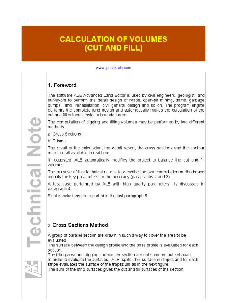 Calculation of Volumes (Cut and Fill) : 1. Foreword | PDF