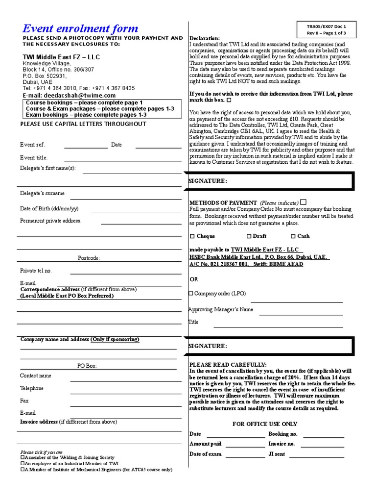 Event Enrolment Form: TWI Middle East FZ - LLC | PDF | Nondestructive ...