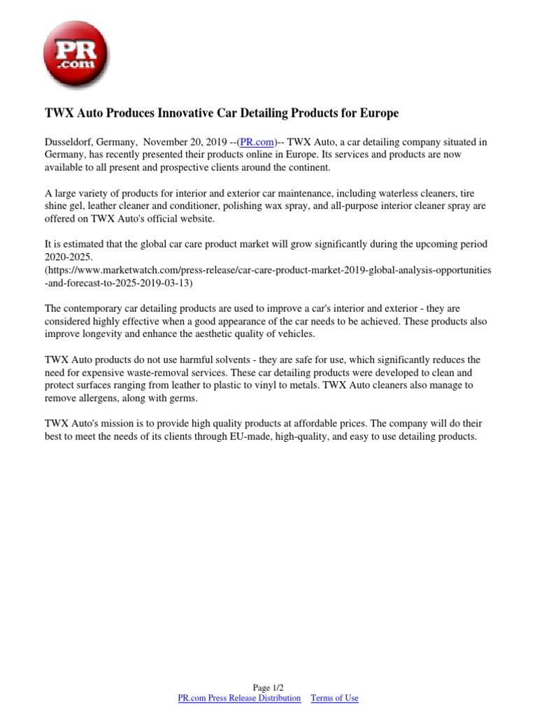 TWX Auto Produces Innovative Car Detailing Products For Europe | PDF ...