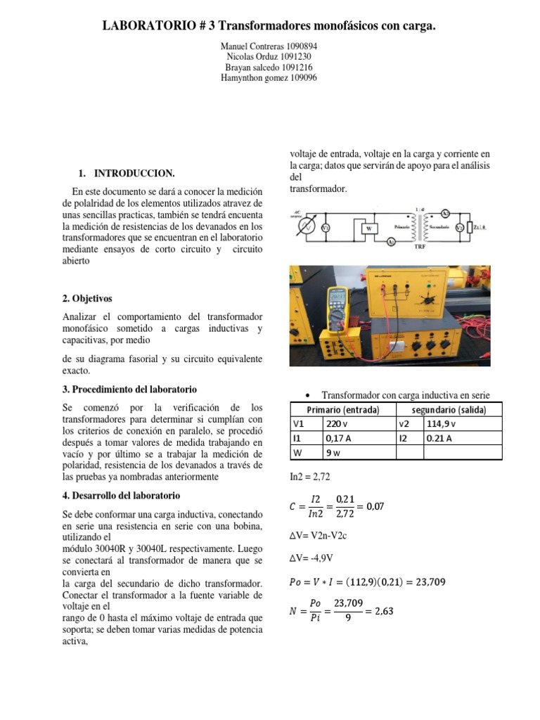 Transformadores Monofasicos Con Carga | PDF | Transformador | Inductor