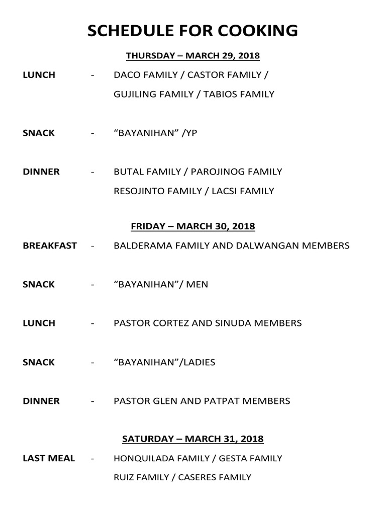 Family Cooking Schedule March 2018 | PDF