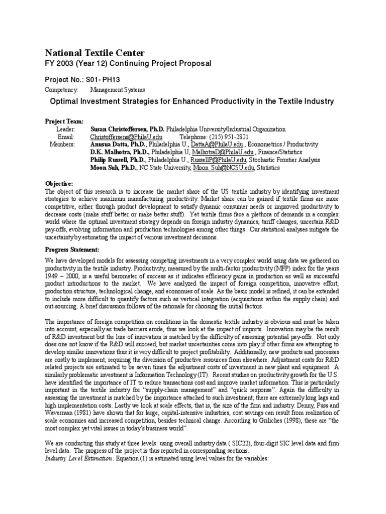 National Textile Center: FY 2003 (Year 12) Continuing Project Proposal ...