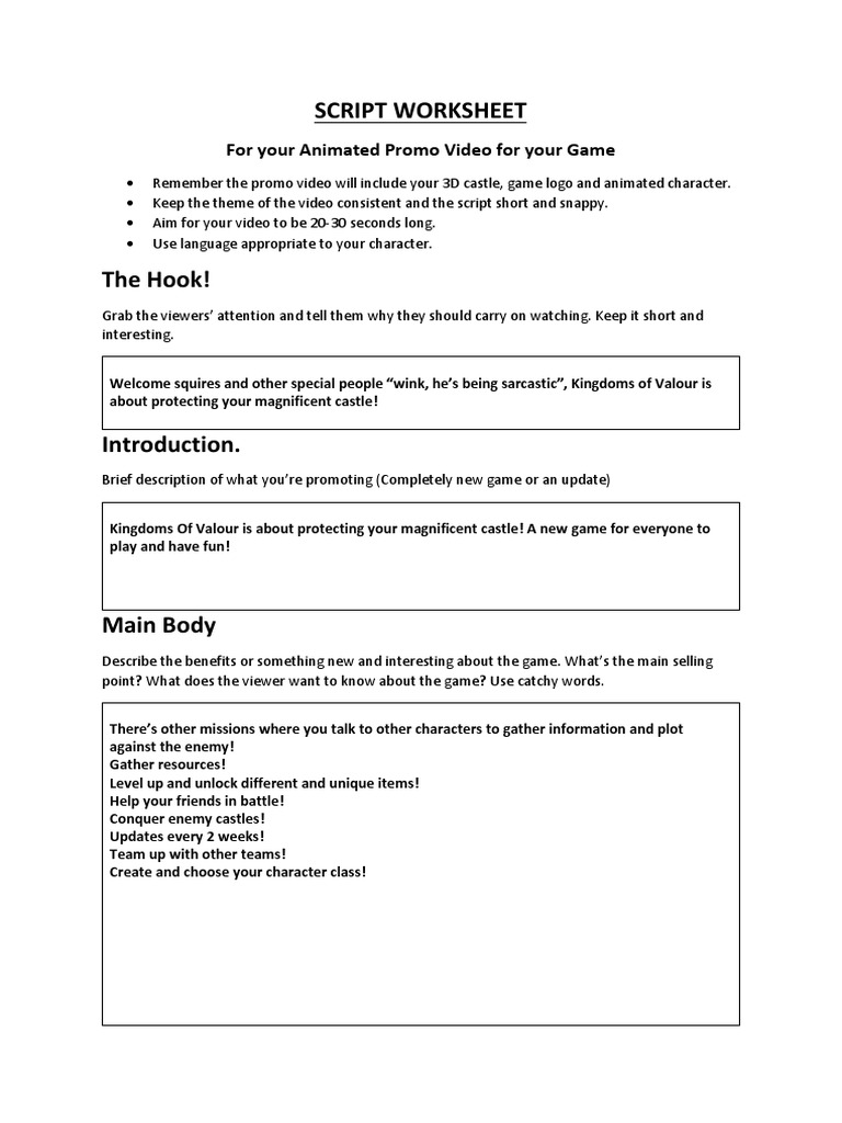 Script Worksheet: For Your Animated Promo Video For Your Game | PDF