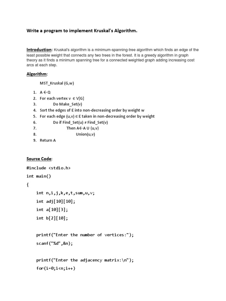 Write A Program To Implement Kruskals Algorithm Pdf Algorithms Algorithms And Data Structures 9849