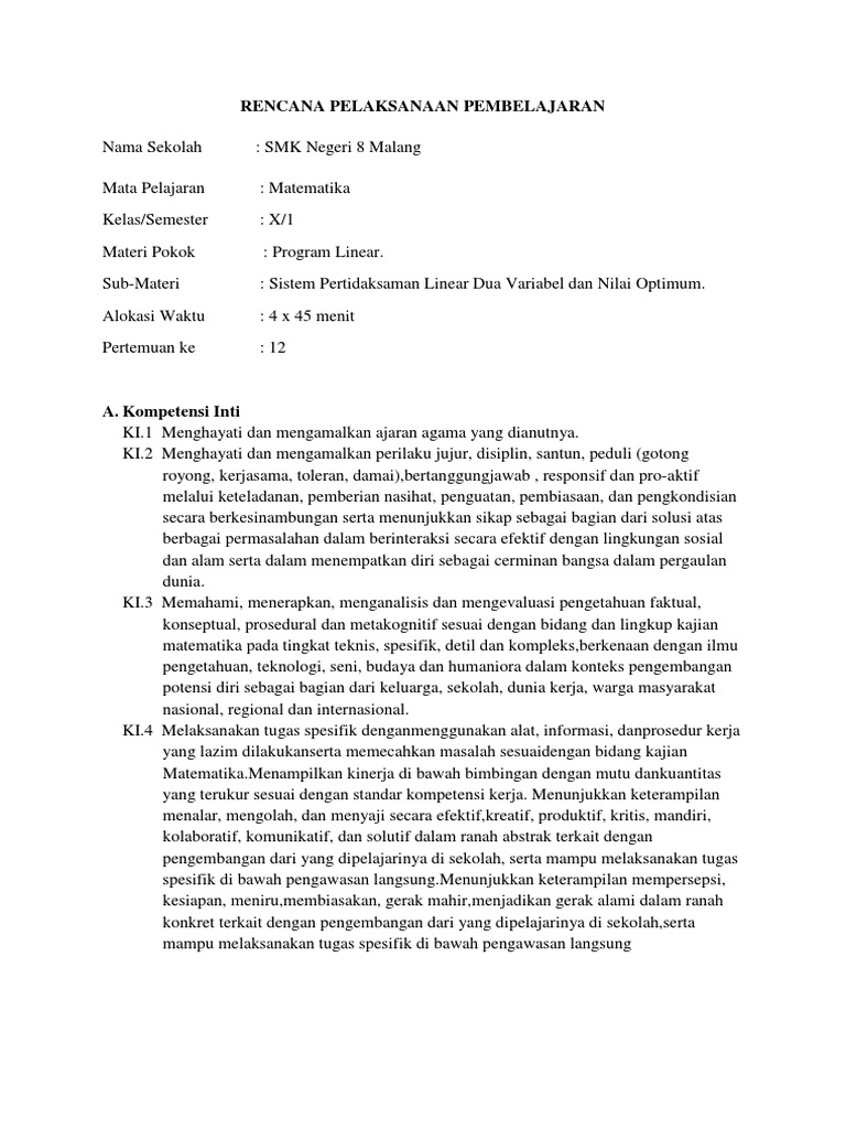 RPP Program Linear SMK Kelas X | PDF
