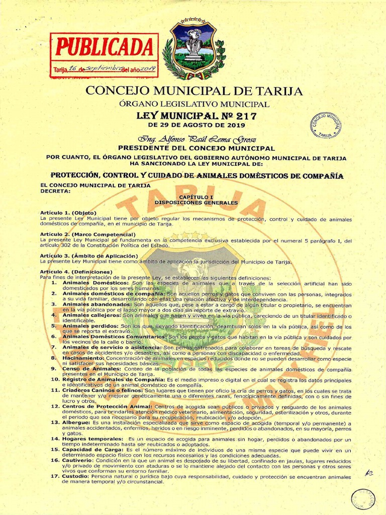 Ley 217 2019 Protección Control y Cuidado de Animales Domésticos de ...