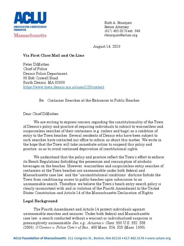 ACLU Letter About Searches at Dennis Beaches | PDF | Search And Seizure ...