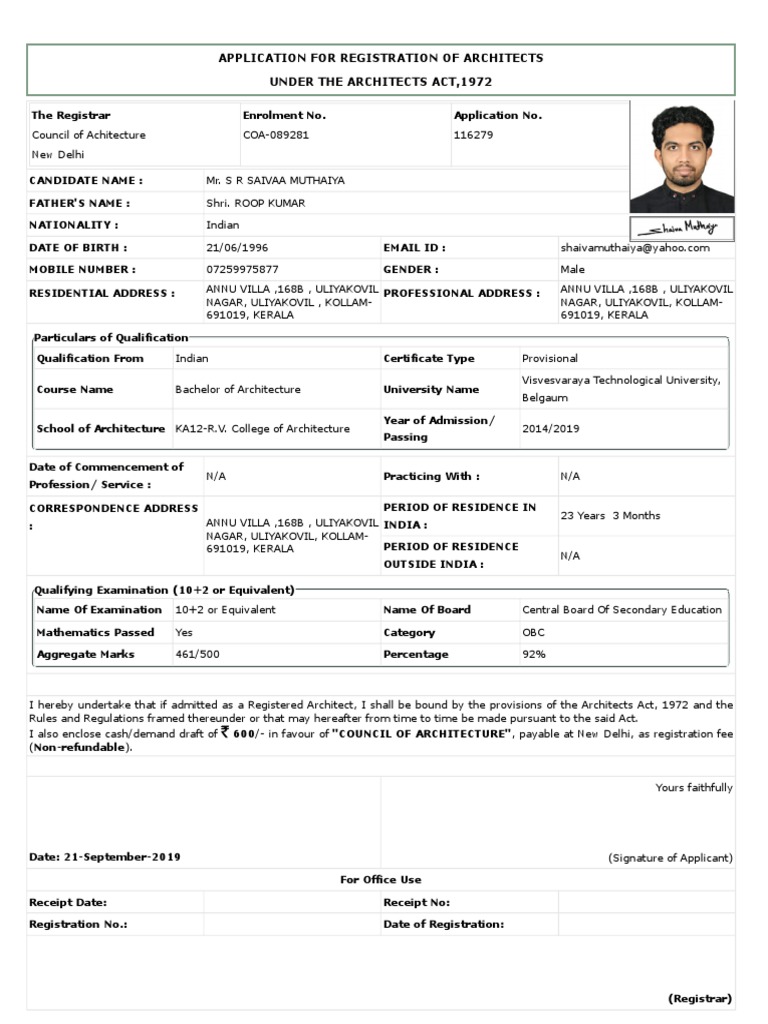 Architect Registration Application Form | PDF | Educational Stages ...