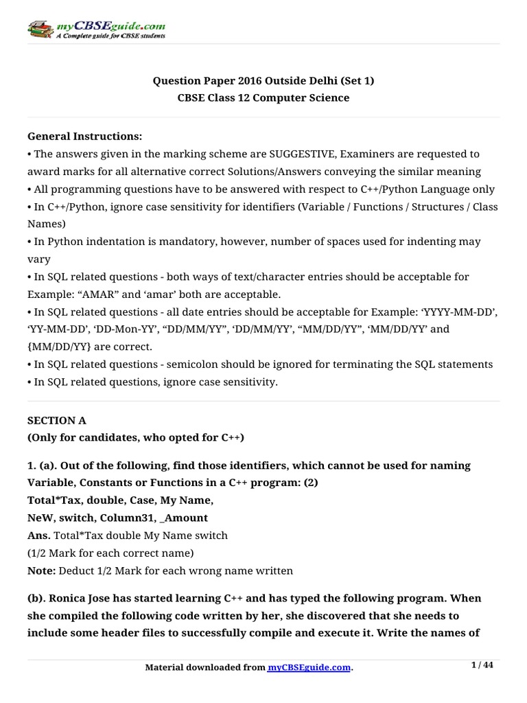 12 Computer Science Lyp 2016 Outside Delhi Set1 PDF | PDF | Class (Computer Programming) | Local ...