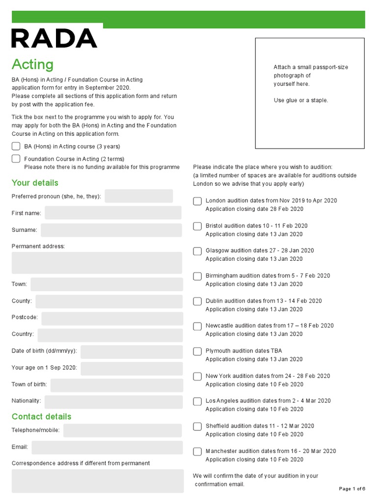 RADA Acting Course Application Form | PDF | Disability | Mail