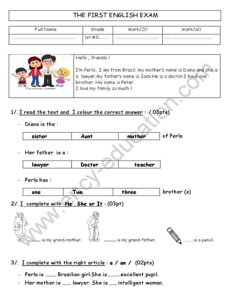 The First English Exam: Full Name Grade Mark/20 Mark/60 | PDF