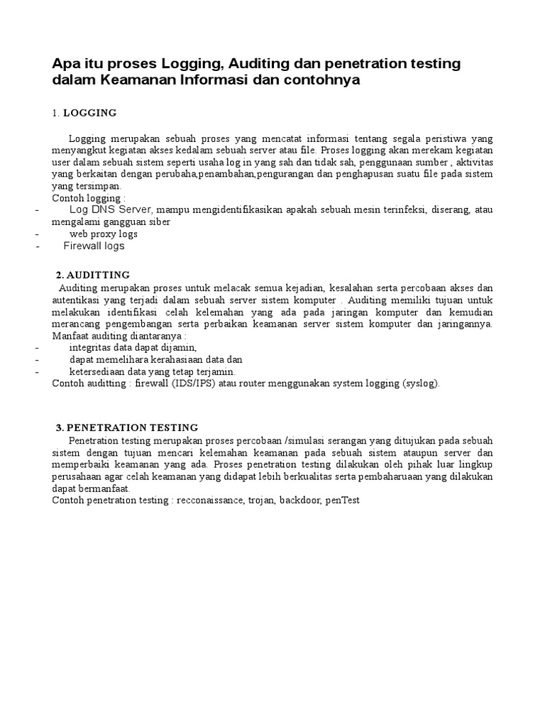 Apa Itu Proses Logging, Auditing Dan Penetration Testing | PDF