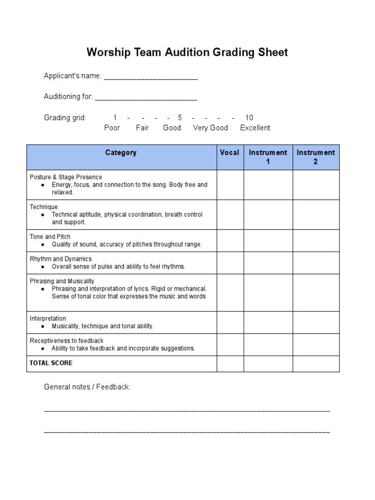 SAMPLE Worship Audition Grading Sheet | PDF | Vocal Pedagogy | Performing Arts