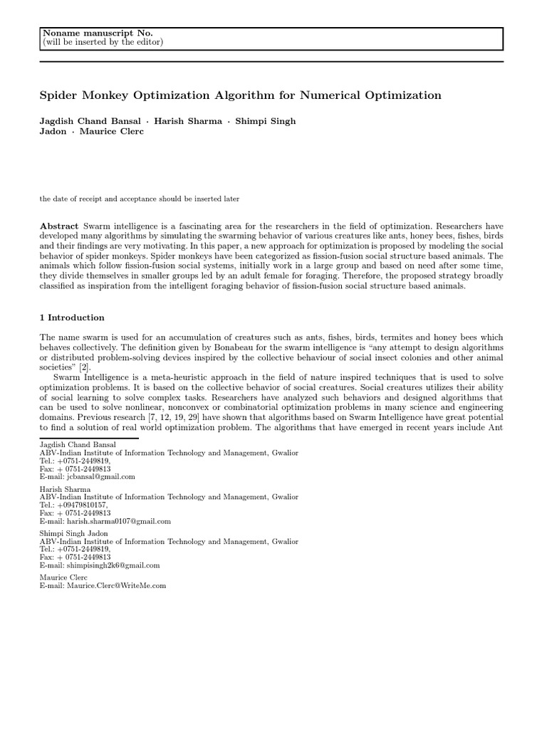 Spider Monkey Optimization Algorithm For Numerical Optimization | PDF ... Spider Monkey Optimization Algorithm For Numerical Optimization | PDF ...
