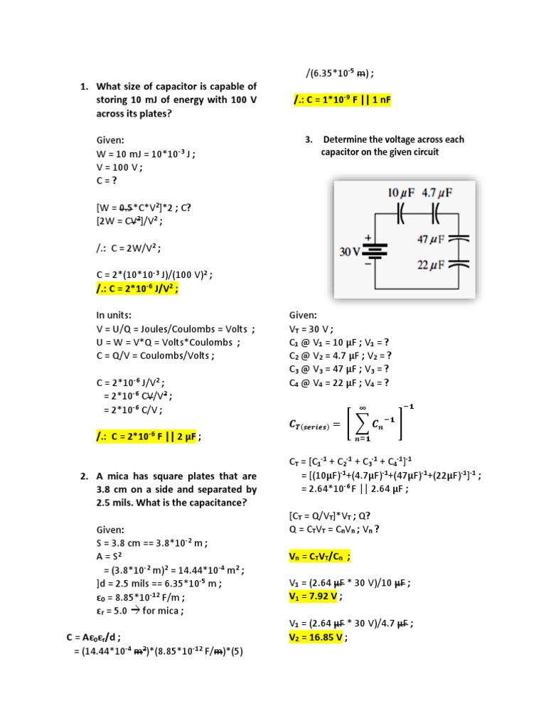 Sample Problem in Capacitors | PDF | Volt | Capacitor