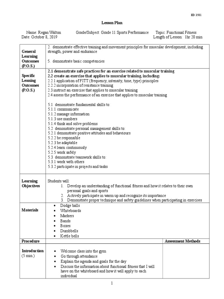Sports Performance 20 Functional Fitness Lesson Plan Oct 8 | PDF ...
