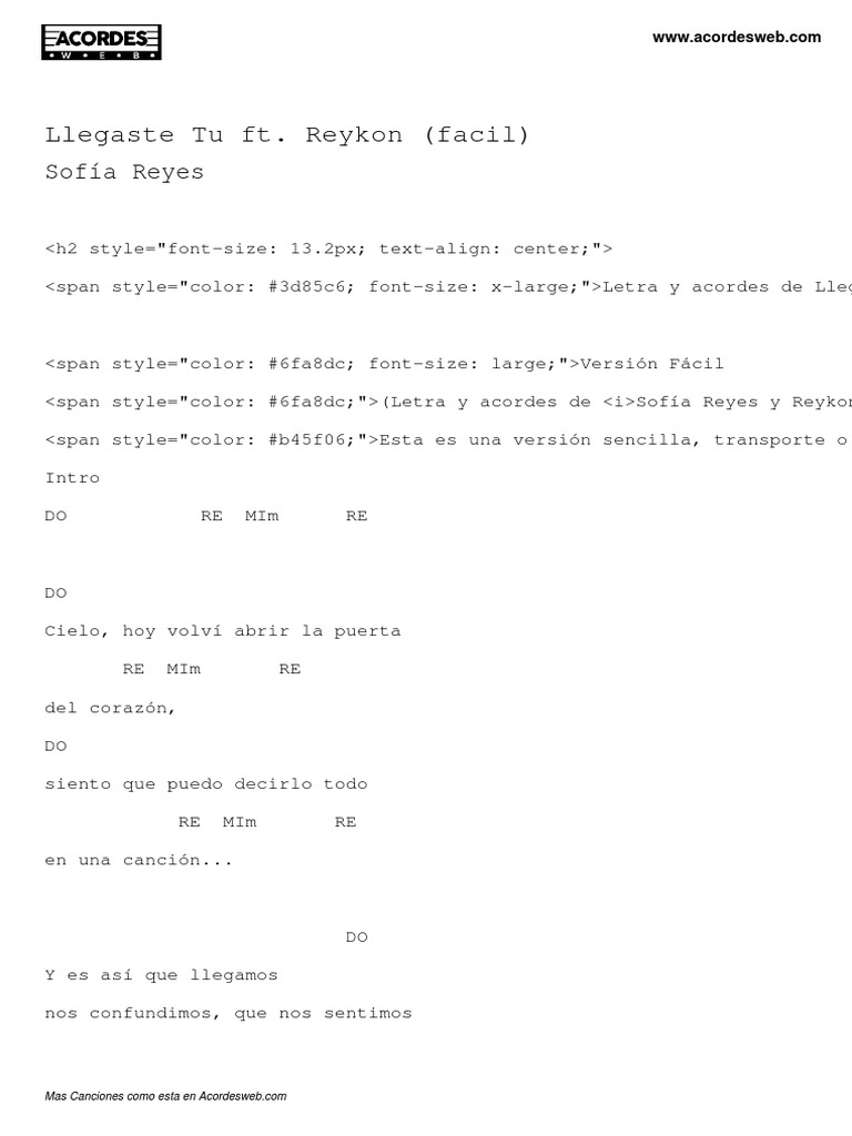 Sofia Reyes Llegaste Tu FT Reykon Facil | PDF | Poesía