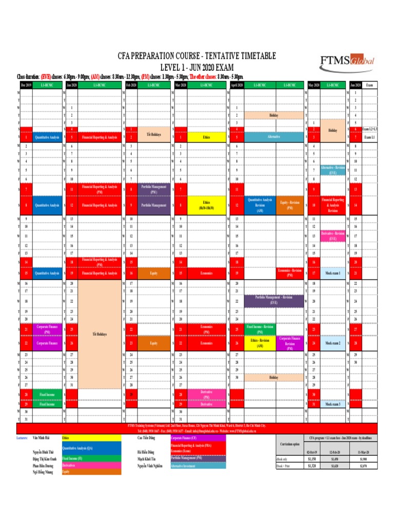 Cfa Preparation Course - Tentative Timetable Level 1 - Jun 2020 Exam ...