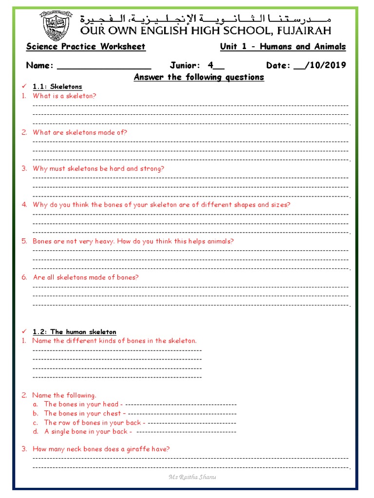 Science Practice Worksheet Unit 1 - Humans and Animals Name: - Junior ...