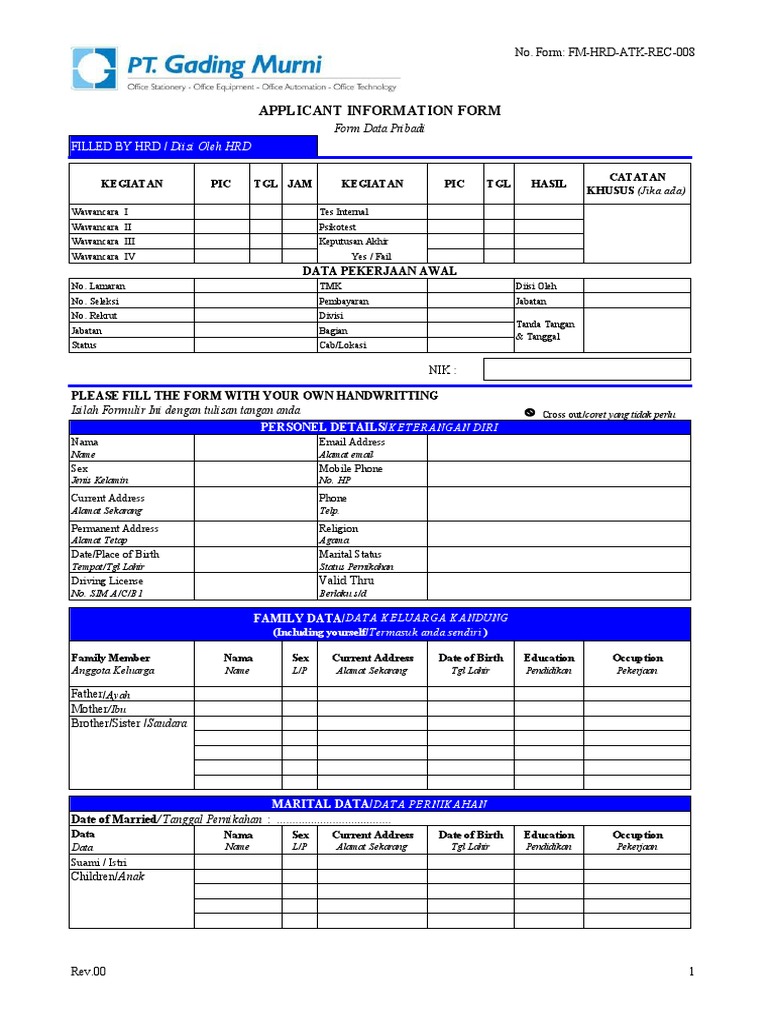 Form Biodata Pelamar | PDF