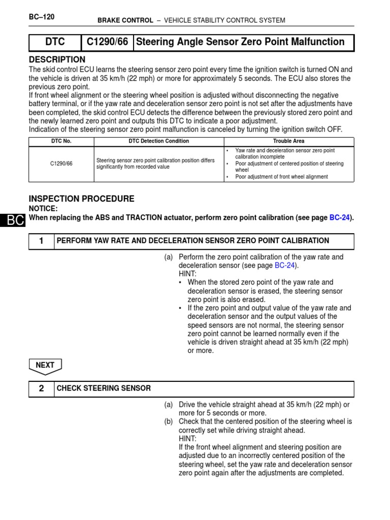 DTC C1290/66 Steering Angle Sensor Zero Point Malfunction: Description ...