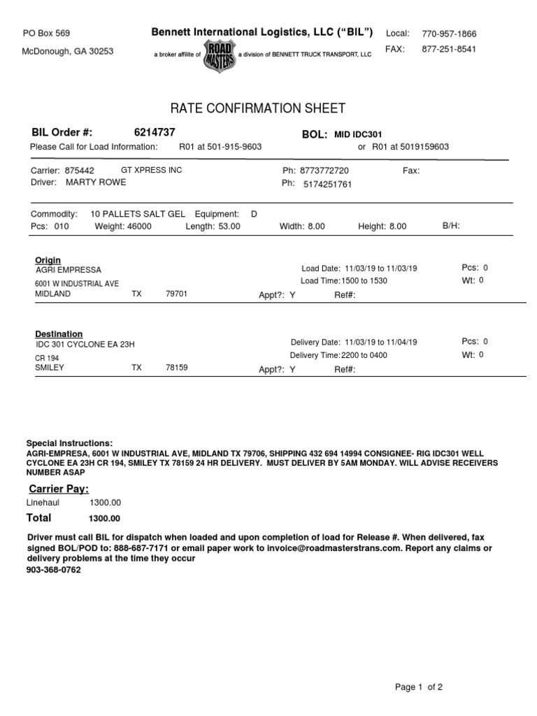 Rate Confirmation | PDF | Cargo | Common Carrier