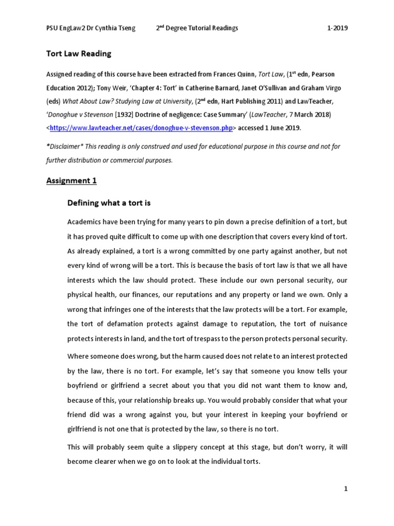 Tort Law Reading EngLaw2 1-2019 | PDF | Tort | Negligence