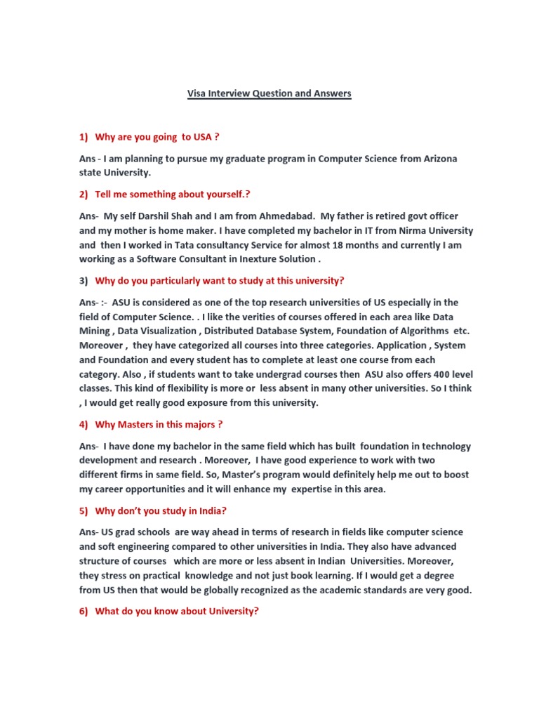Visa Interview Question and Answers | PDF | Arizona State University ...
