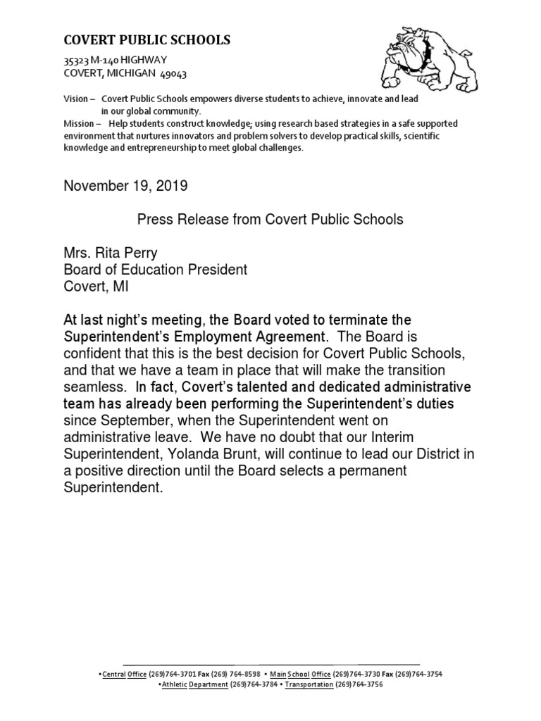 Covert Public Schools Statement On Superintendent | PDF | Behavior ...