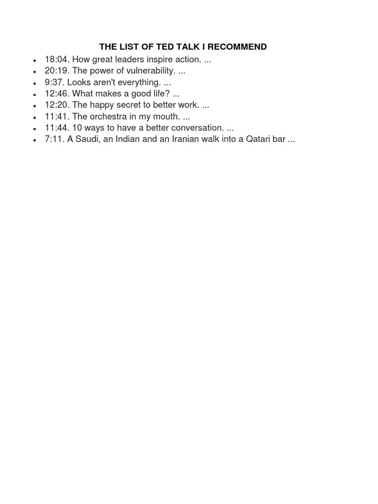 Recommended TED Talks for Inspiration | PDF | Travel