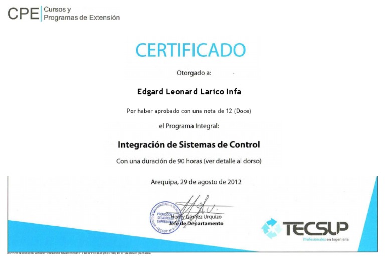 Certificado Tecsup Sistemas | PDF