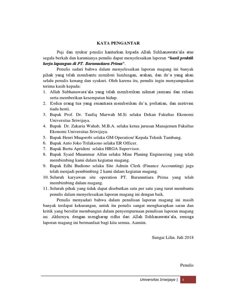 Kata Pengantar Laporan Magang Pdf