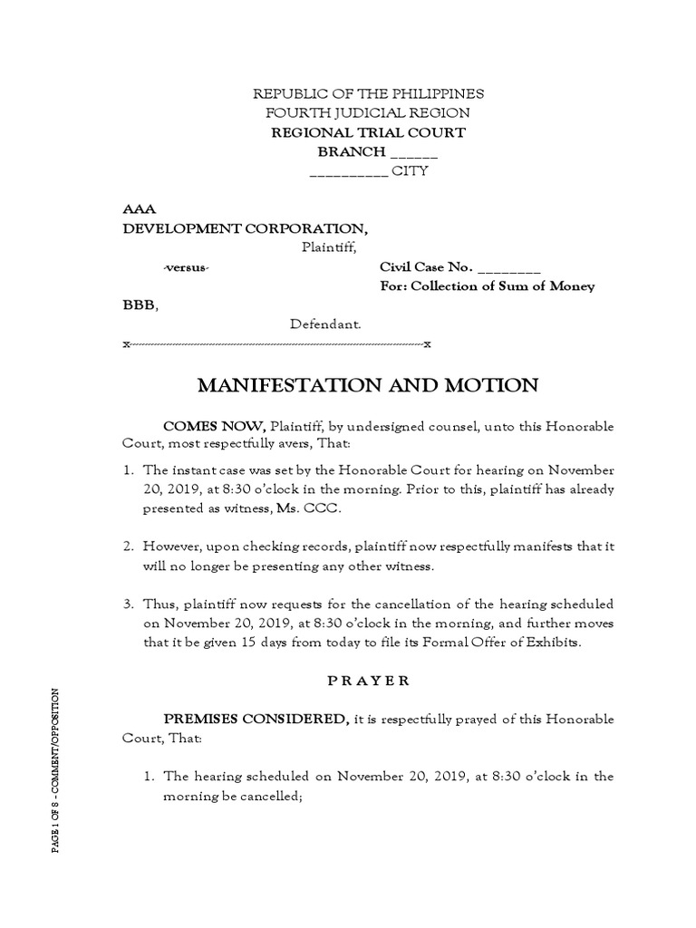 Manifestation and Motion: Regional Trial Court BRANCH | PDF | Lawsuit ...