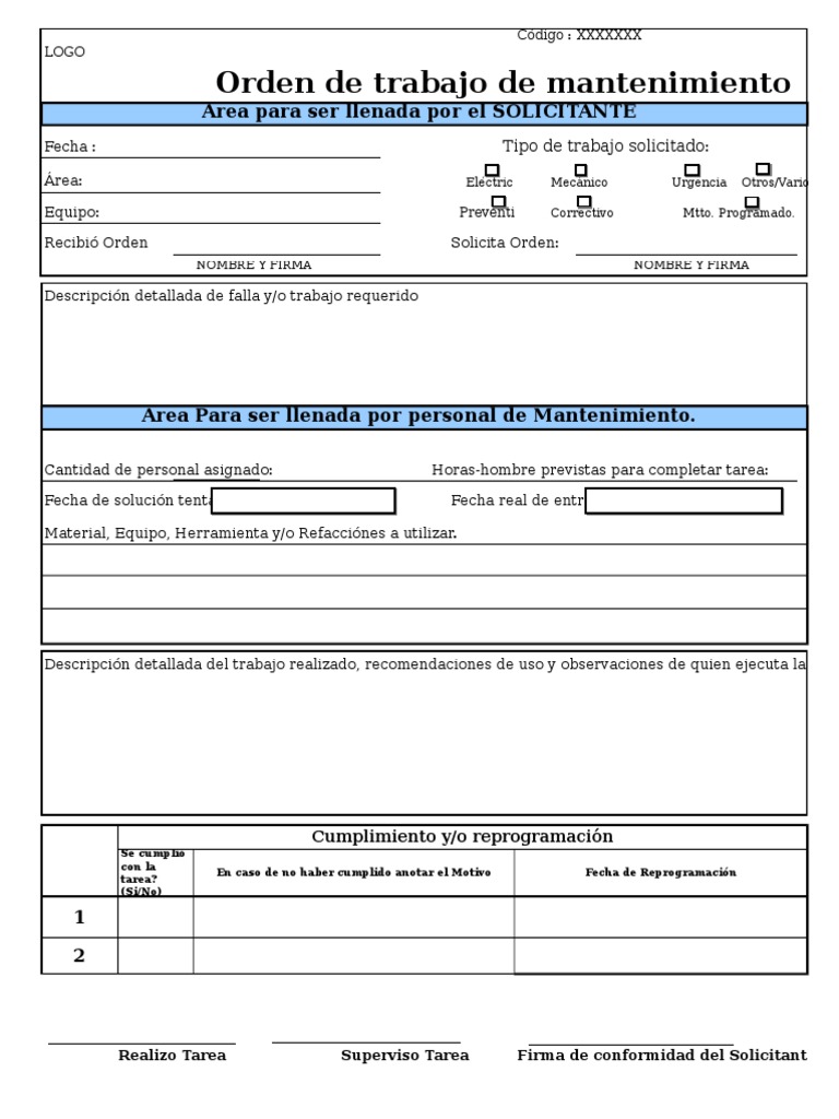 Orden De Trabajo Mantenimiento Pdf