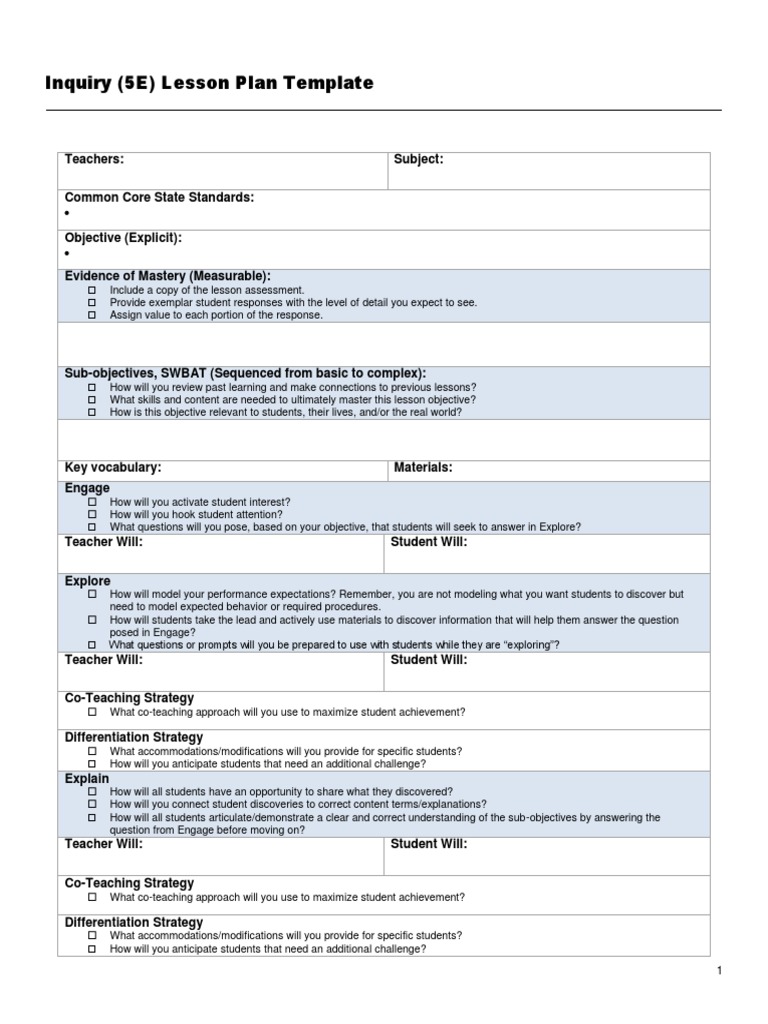 Inquiry (5E) Lesson Plan Template | PDF | Lesson Plan | Educational ...