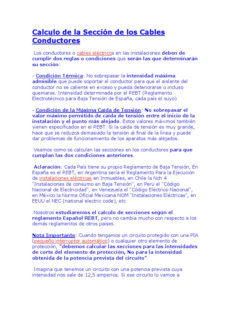 Cálculo de Sección de Cables Eléctricos | PDF | Corriente eléctrica ...