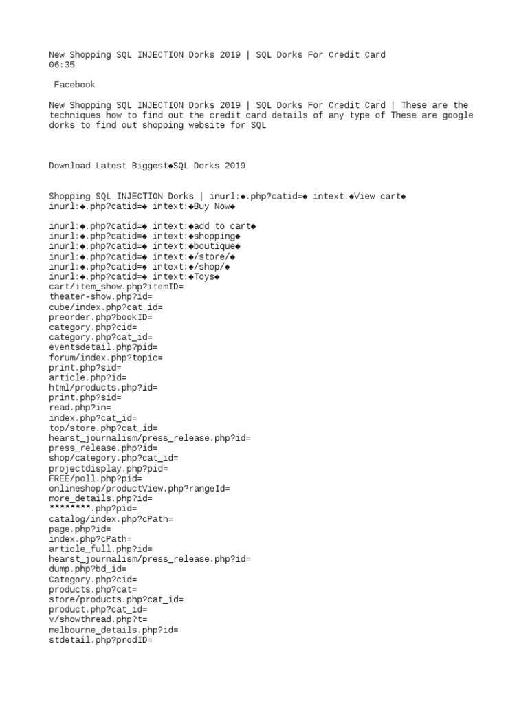 New Shopping SQL INJECTION Dorks 2019 SQL Dorks For Credit Card | PDF | Human–Computer ...