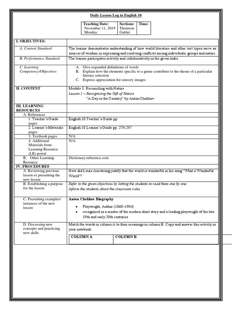 A Day in The Country - Lesson Plan | PDF | Learning | Teachers