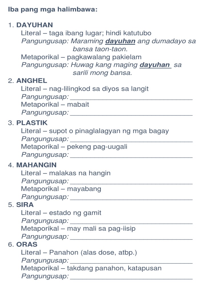 Mga Halimbawa NG Literal at Metaporikal - Tarp | PDF