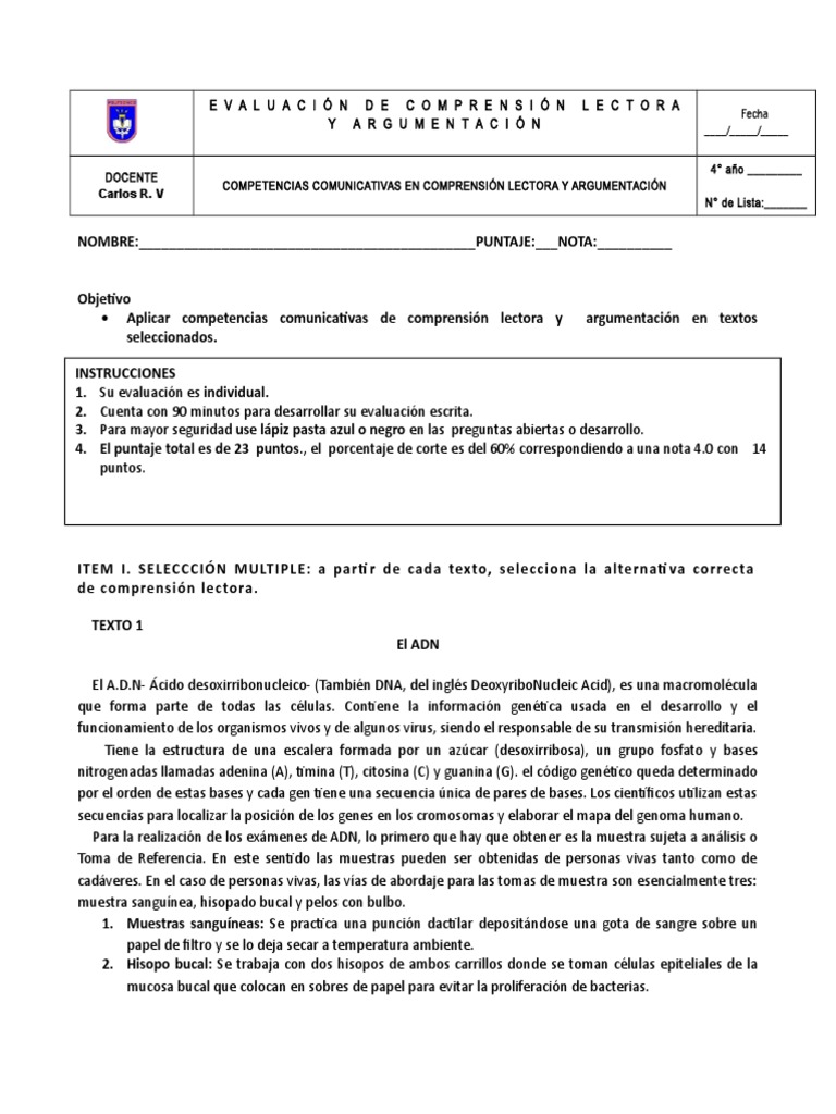 Prueba Comprension Lectora 2 Medio | PDF | Prueba genética | Adn